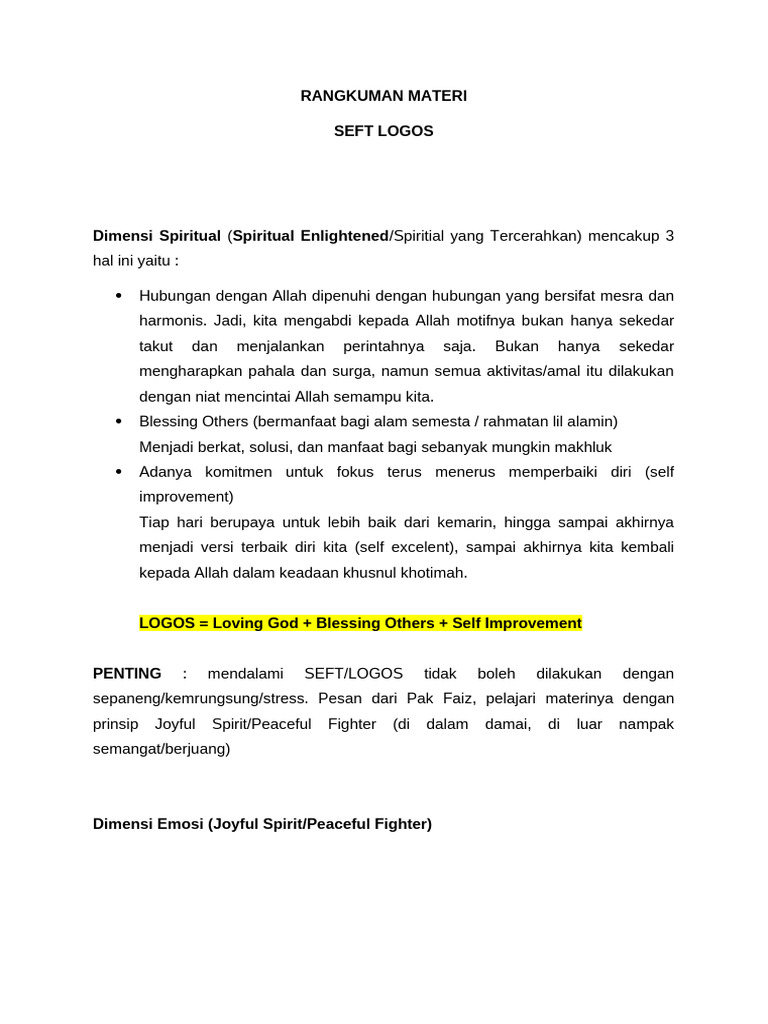 Dimensi Spiritual SEFT LOGOS | PDF