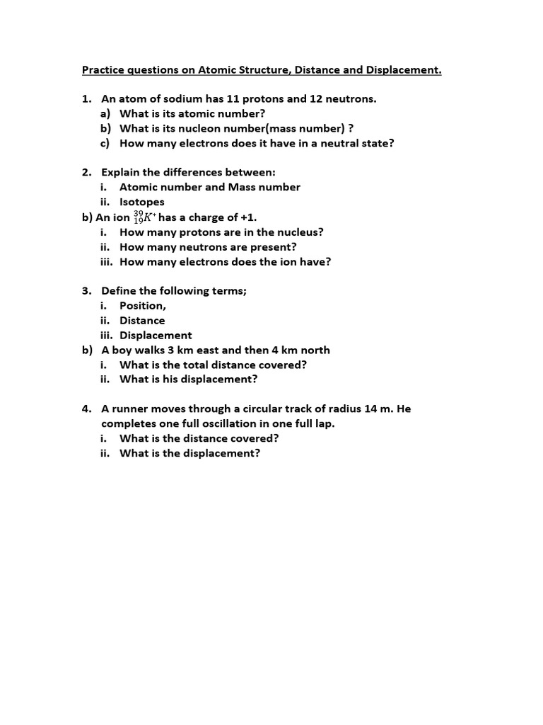 Practice Questions On Atomic Structure, Position, Distance and ...