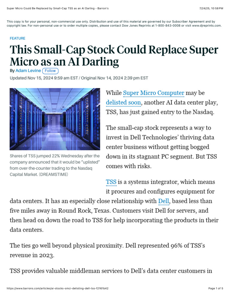 Super Micro Could Be Replaced by Small-Cap TSS As An AI Darling - Barron's | PDF | Dell | Nasdaq