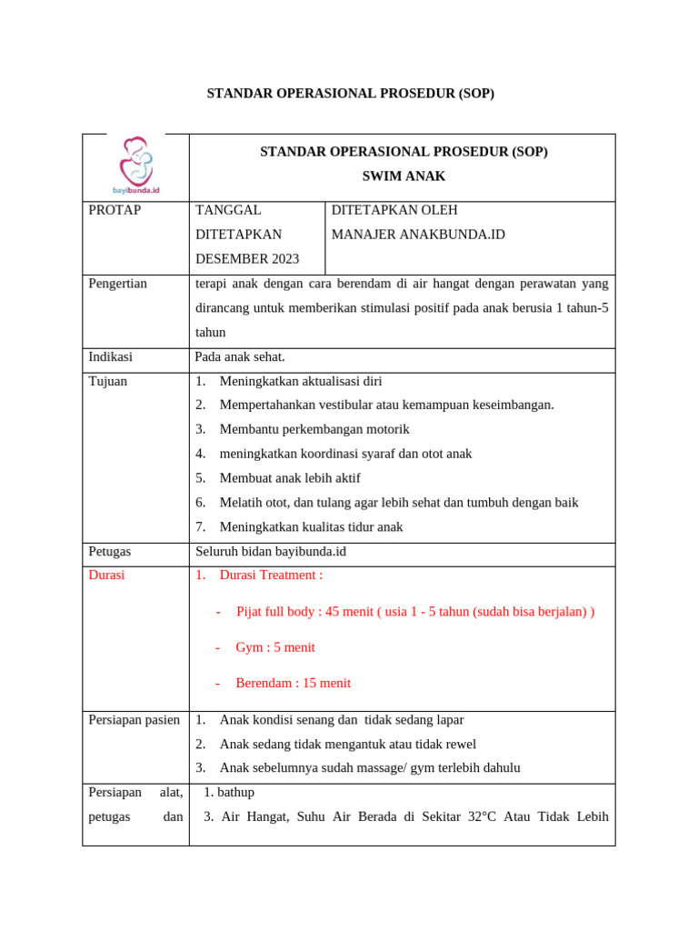 SOP Terapi Renang Anak Usia 1-5 Tahun | PDF