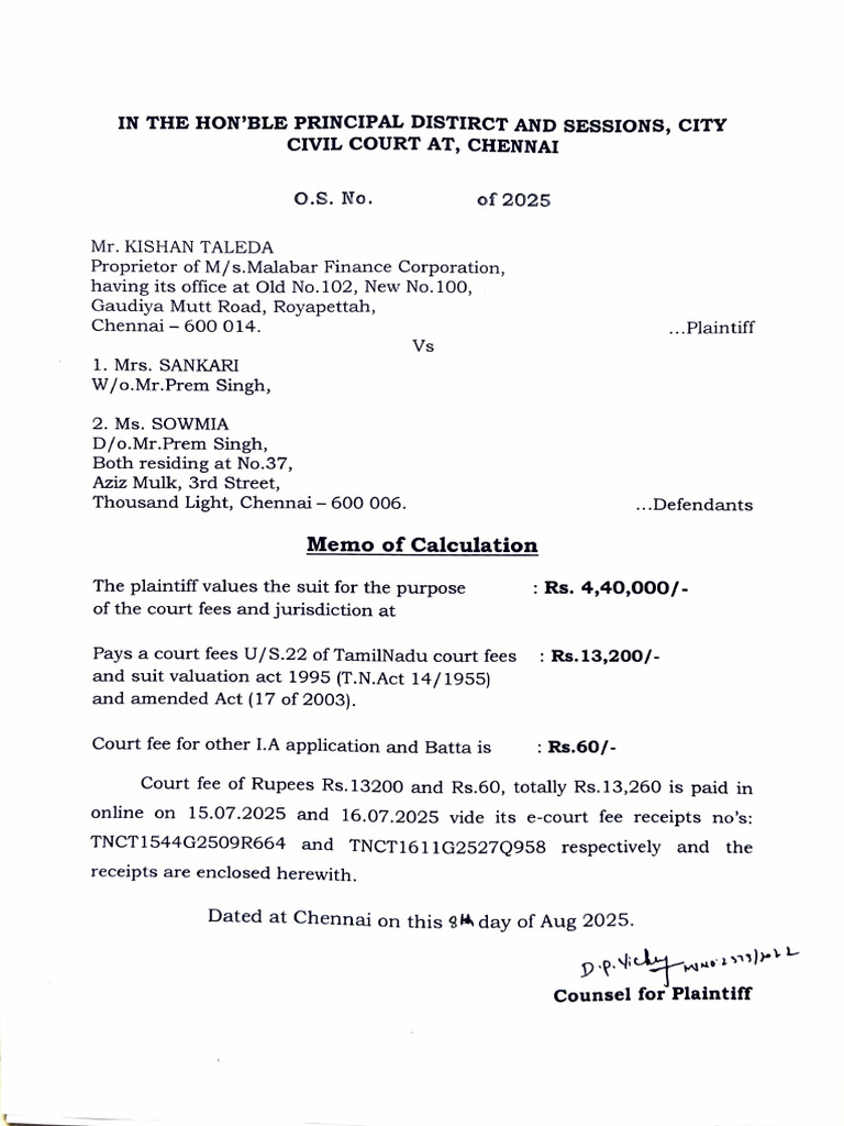 Memo of Calculation for Court Fees | PDF