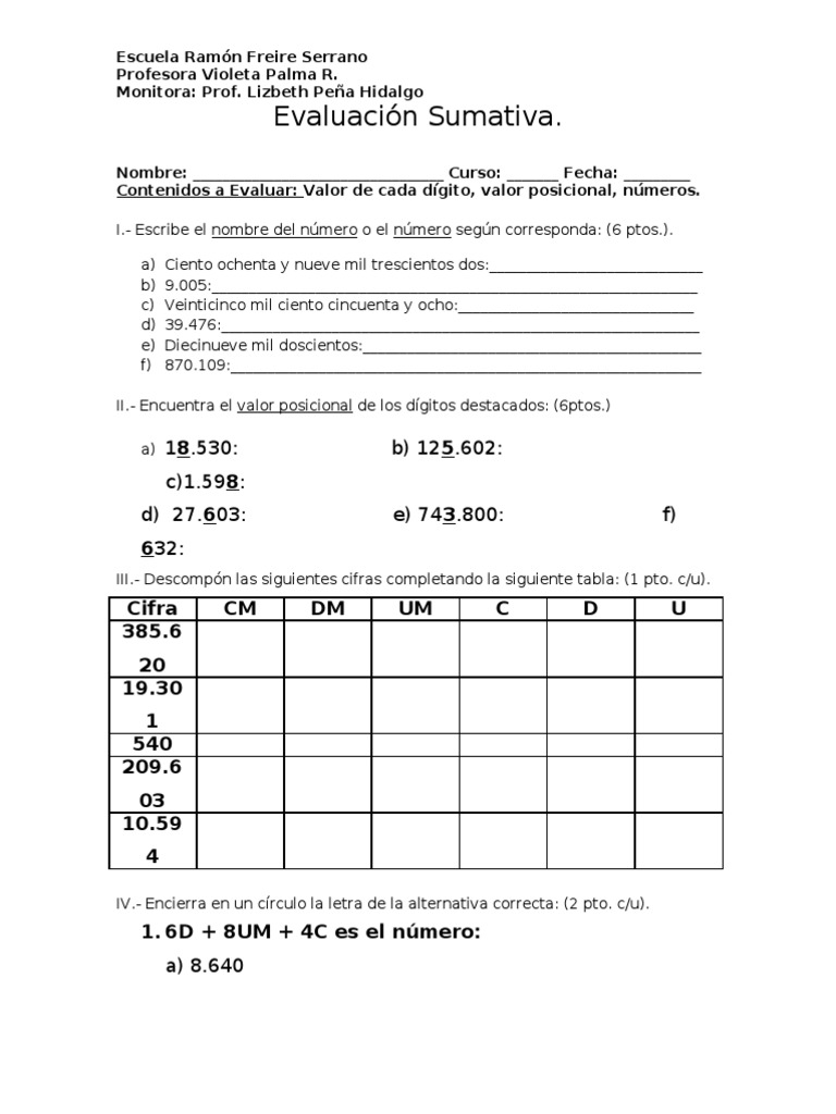 PRUEBA (Números, Valor Posicional) | PDF
