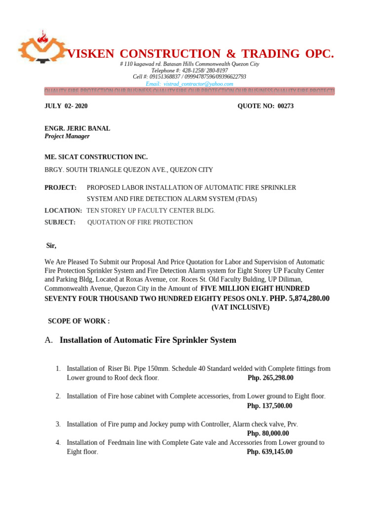 Fire Protection System Quotation | PDF | Safety | Building Engineering