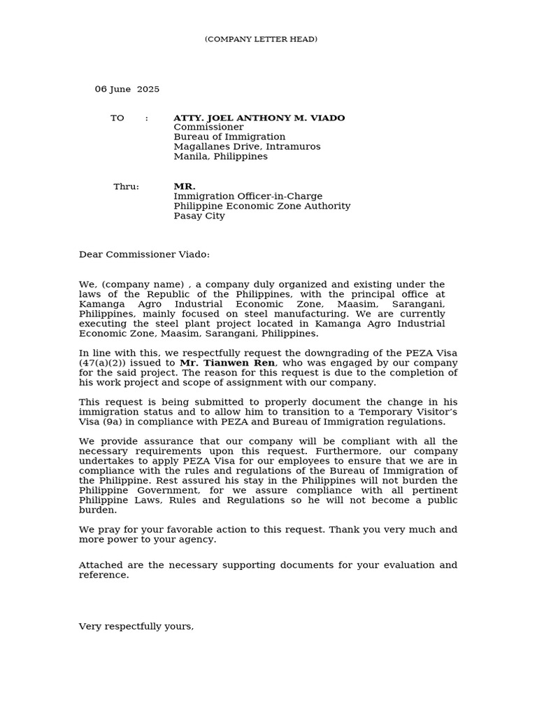 PEZA Visa Downgrade Request Letter | PDF