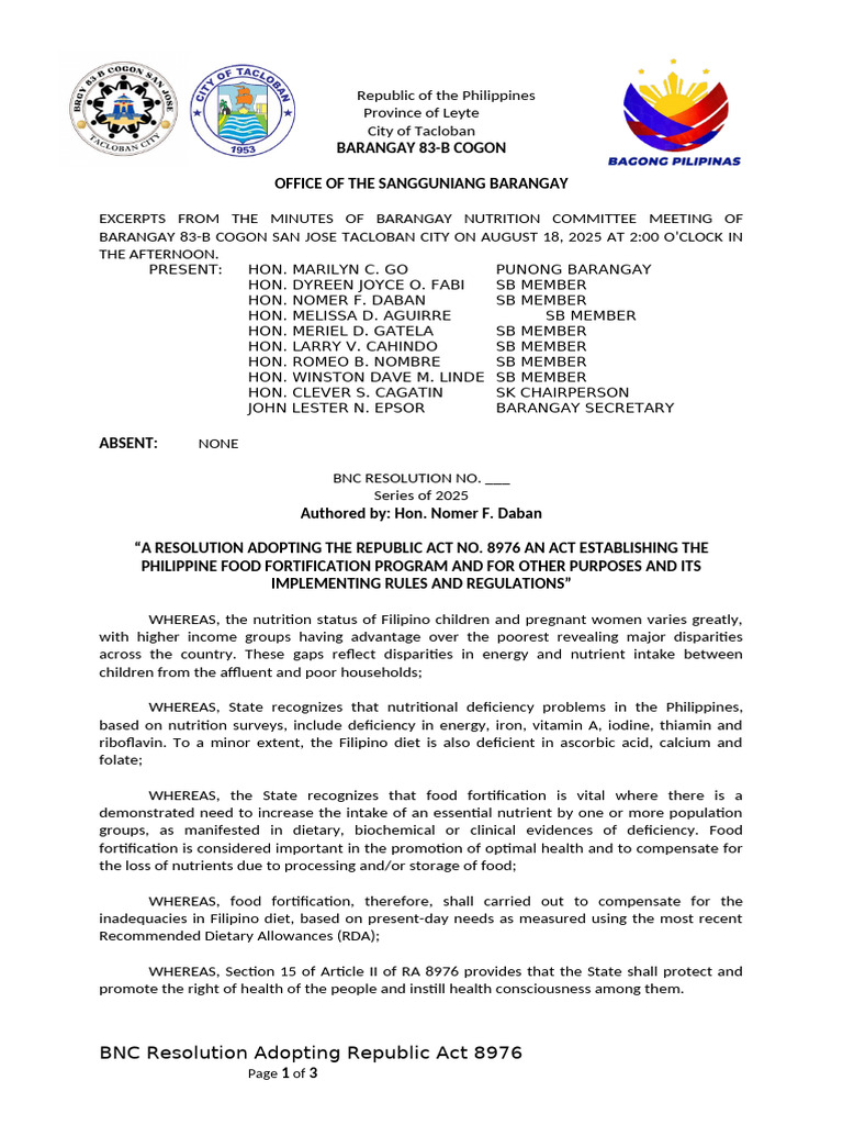 BNC Resolution Republic Act 8976 | PDF | Vitamin | Nutrients