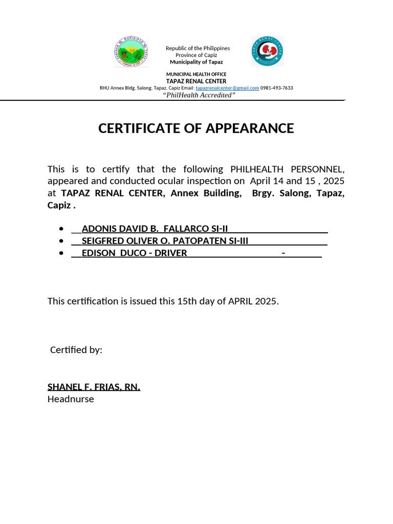 Certificate of Appearance Philhealth Region | PDF
