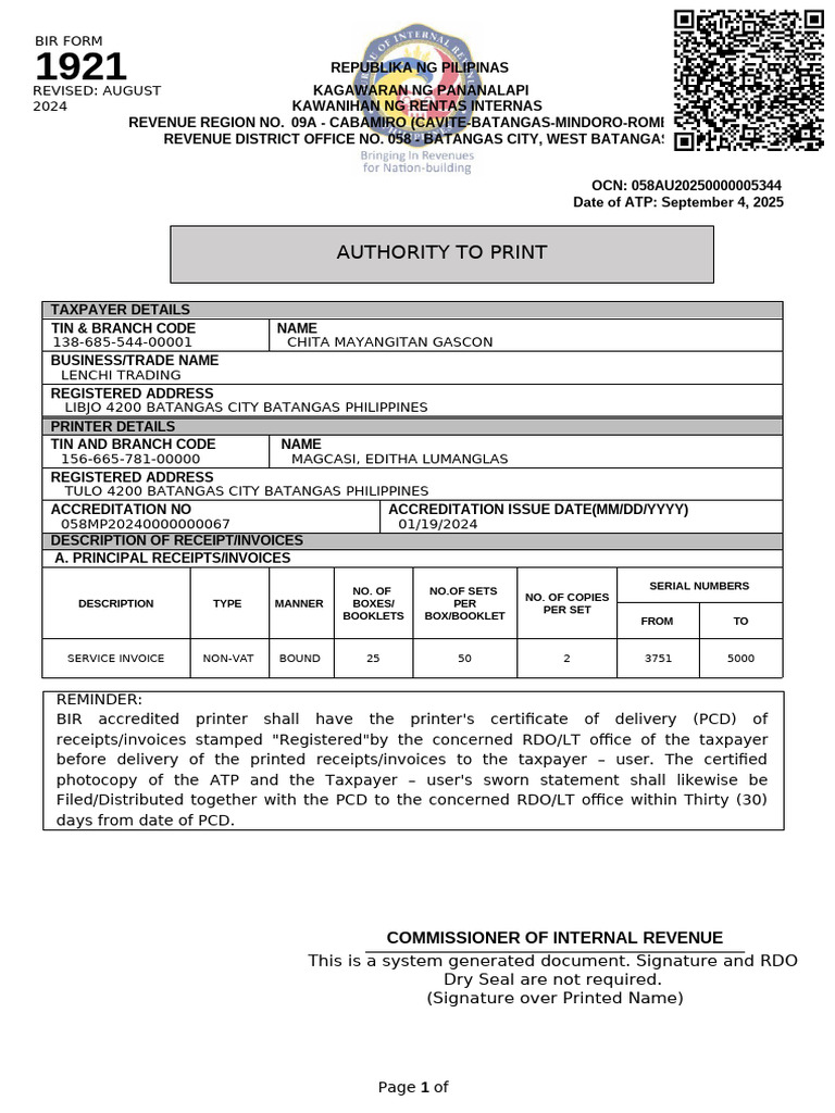 Authority to Print Receipts and Invoices | PDF | Written Communication