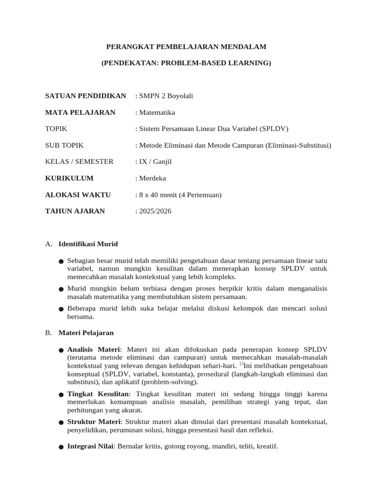 Perangkat Pembelajaran Mendalam Bab SPLDV Metode Eliminasi Dan ...