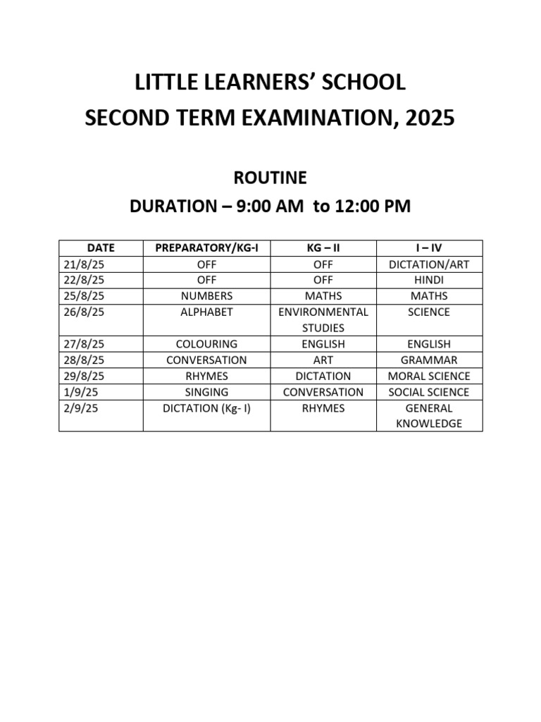 Little Learners' School Exam Schedule 2025 | PDF