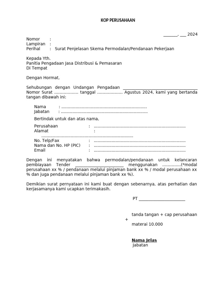 Contoh Format Surat Penjelasan Skema Permodalan Pendanaan Pekerjaan | PDF