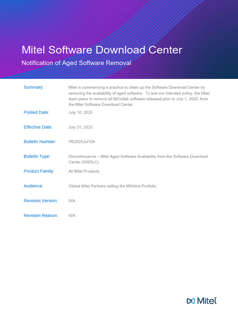 General Information Product Bulletin Notification of Aged Software ...