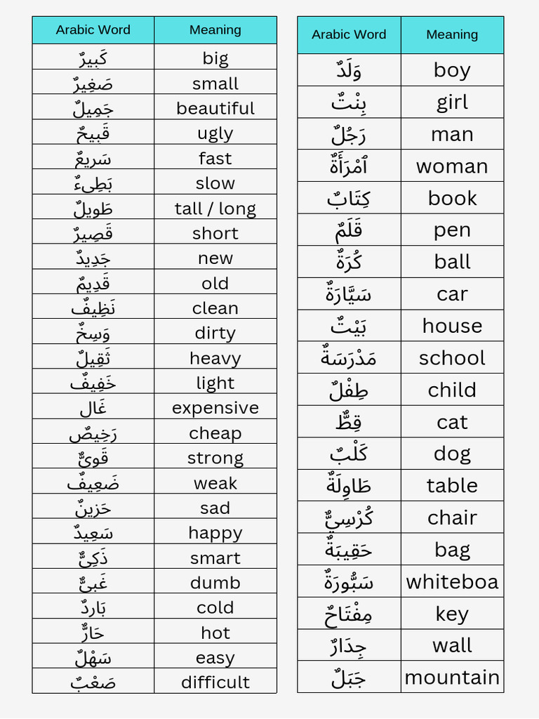 Arabic Vocabulary: Descriptive Terms | PDF