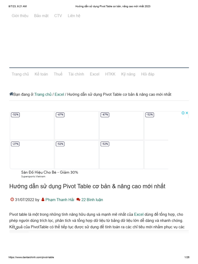 Hướng Dẫn Sử Dụng Pivot Table Cơ Bản, Nâng Cao Mới Nhất 2023 | PDF