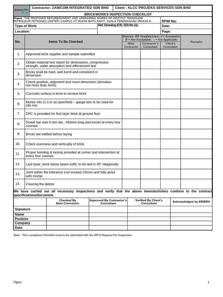 Brickworks Inspection Checklist for INSTEP | PDF | Brick | Building ...