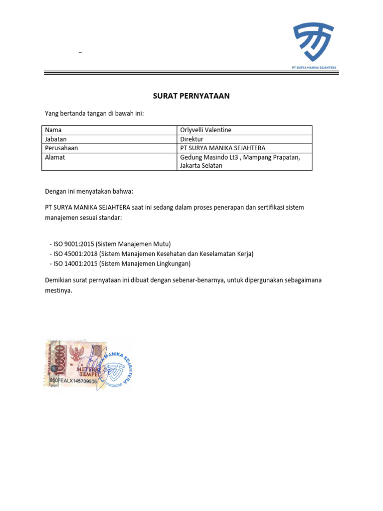 Surat Pernyataan Sedang Proses ISO PT SMS | PDF