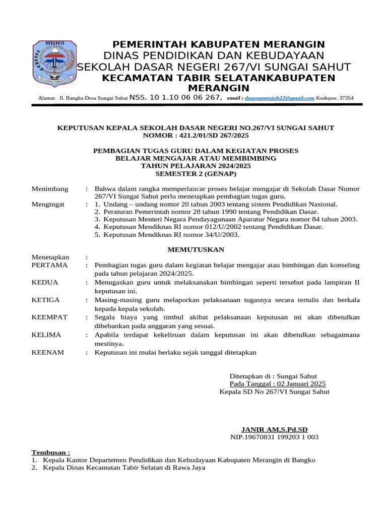 Sk Pembagian Tugas 2024-2025 Smt 2 | PDF