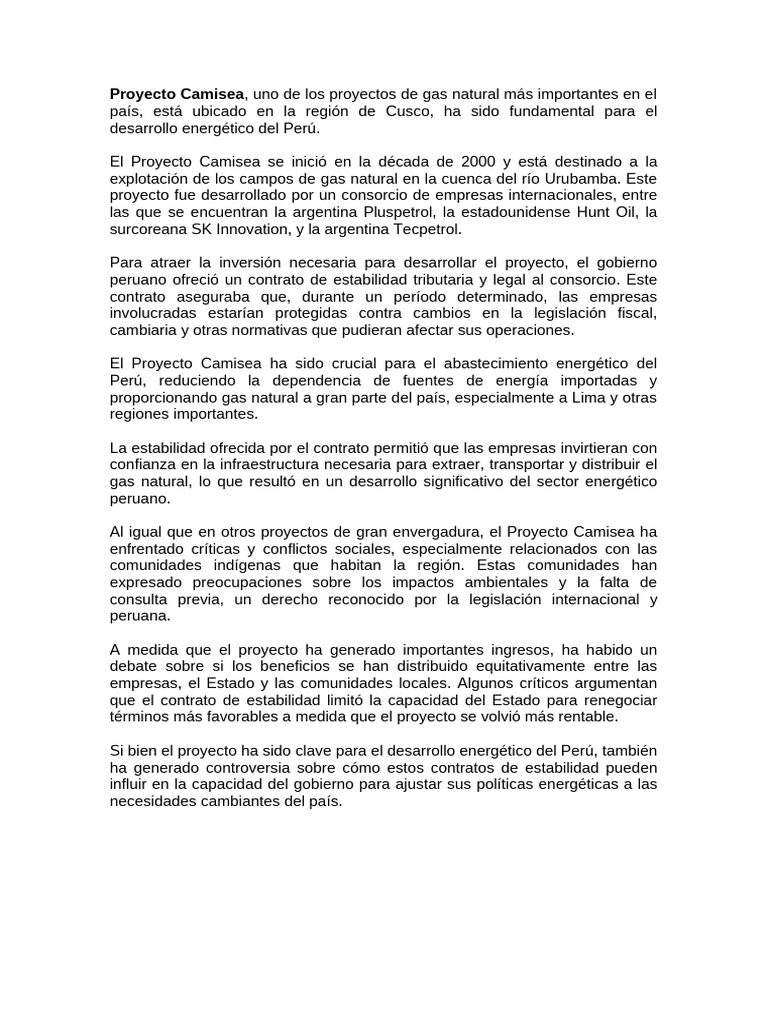 Caso Practico - Proyecto Camisea Semana 04 | PDF