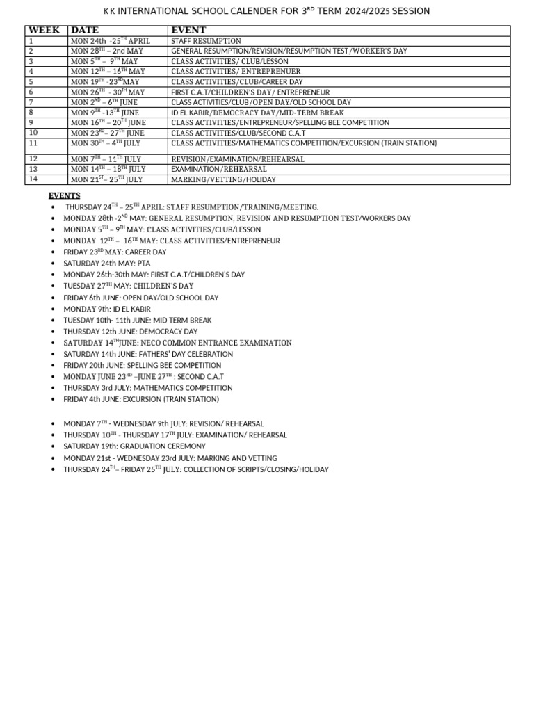 K K International School 2024/2025 Term 3 Calendar | PDF
