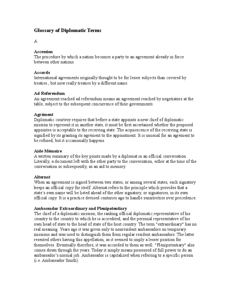 Diplomatic Terms Glossary | PDF | Consul (Representative) | Diplomatic Rank