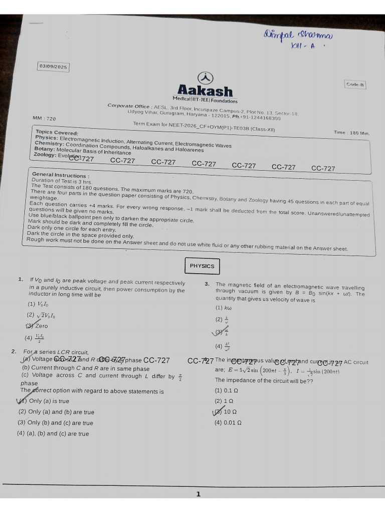 TE 3B Aakash Neet | PDF