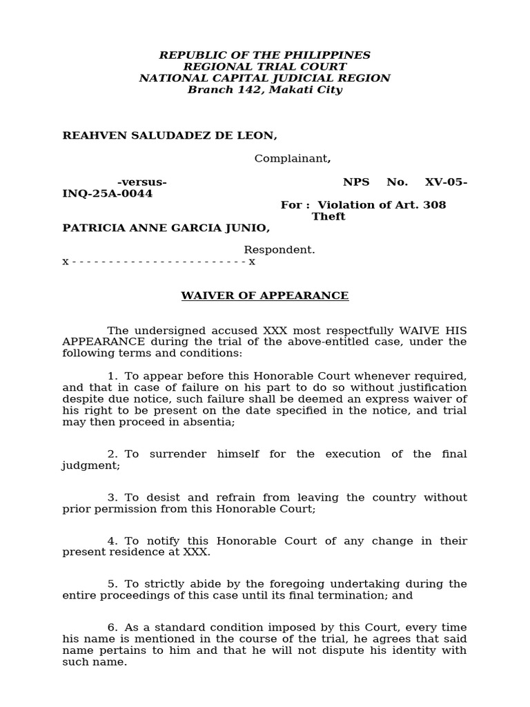 Waiver of Appearance in Theft Case | PDF