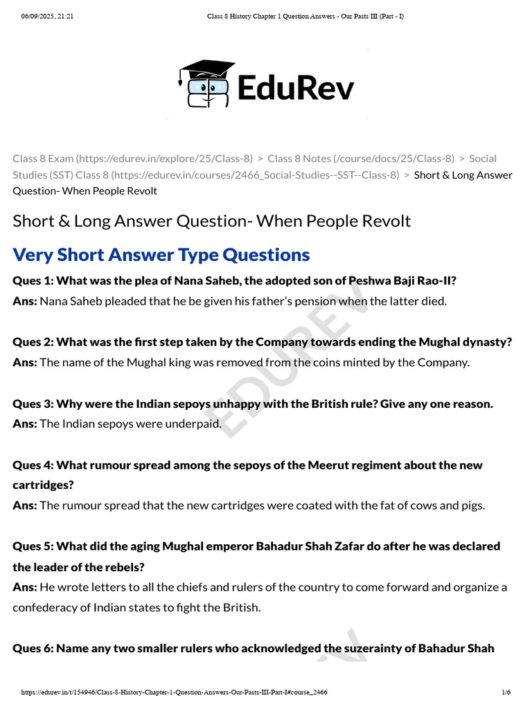 Class 8 History Chapter 1 Question Answers - Our Pasts III (Part - I) | PDF