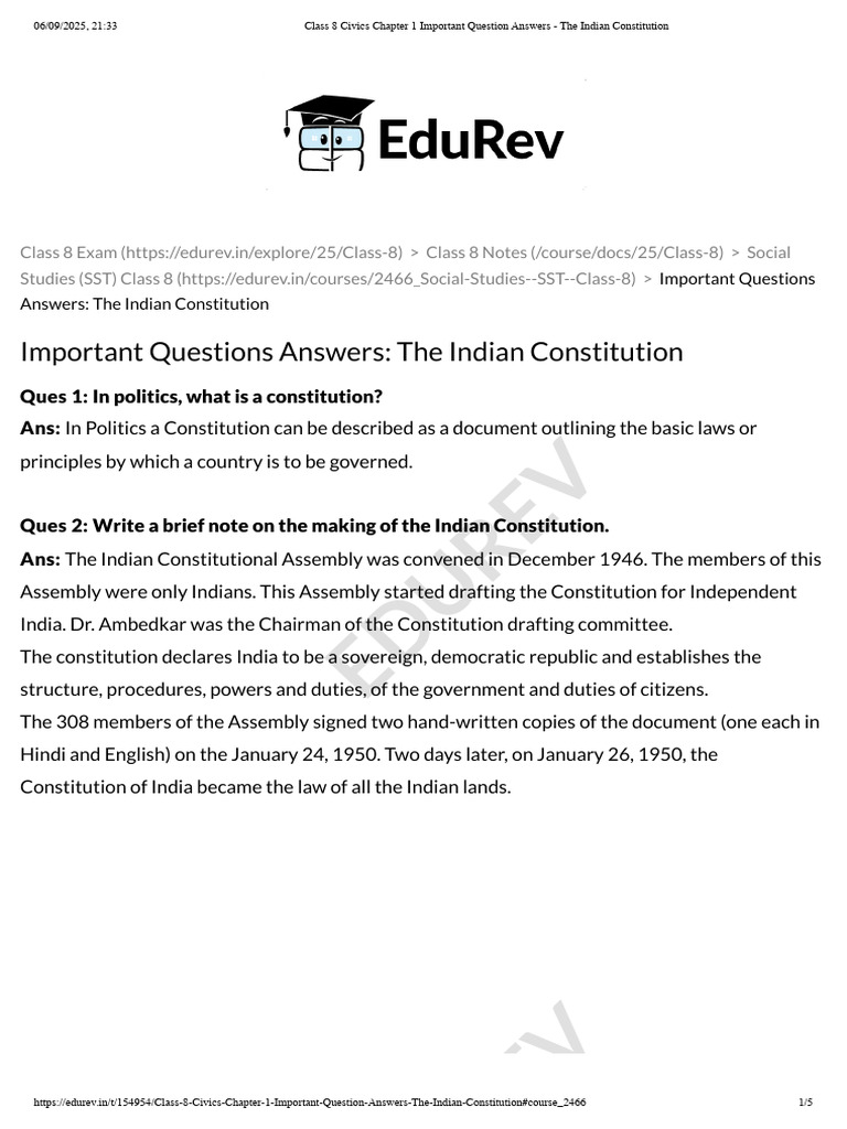 Class 8 Civics Chapter 1 Important Question Answers - The Indian ...