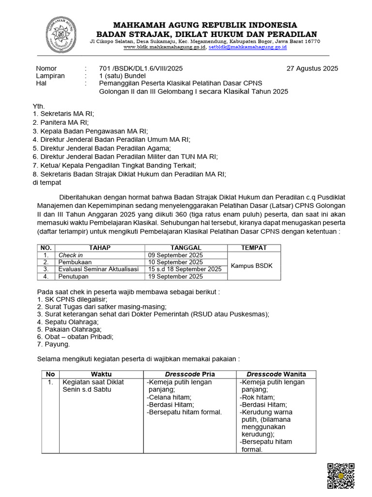 701 BSDK S Pemanggilan Peserta Latsar CPNSKlasikalGel I2025 | PDF