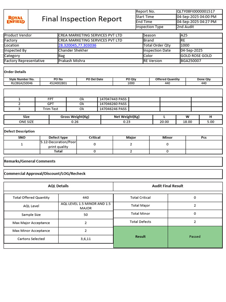 Final Inspection Report for RE Bags | PDF