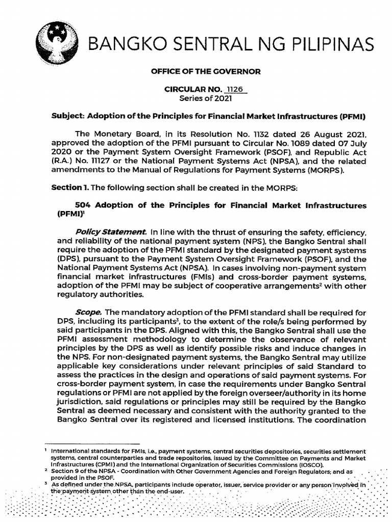 05 BSP Circular No. 1126 - PFMI - PDF | PDF