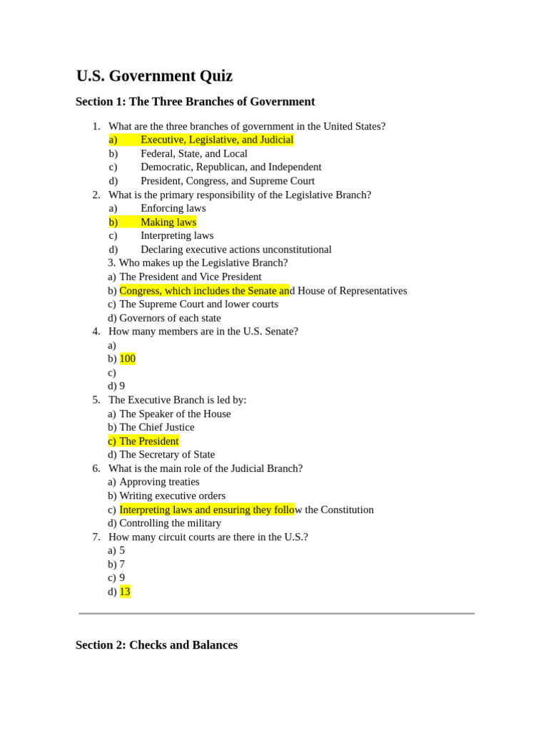 U.S. Government Quiz: Branches & Powers | PDF | Presidents Of The ...
