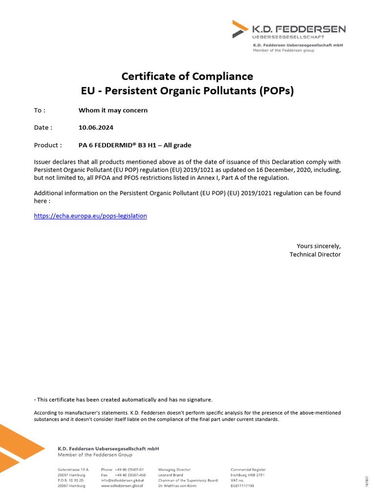 EU POP Compliance Certificate for PA 6 | PDF