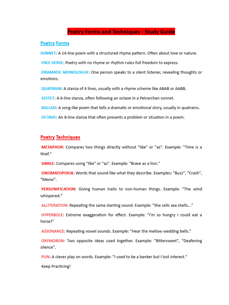 Poetry Forms and Techniques Guide | PDF