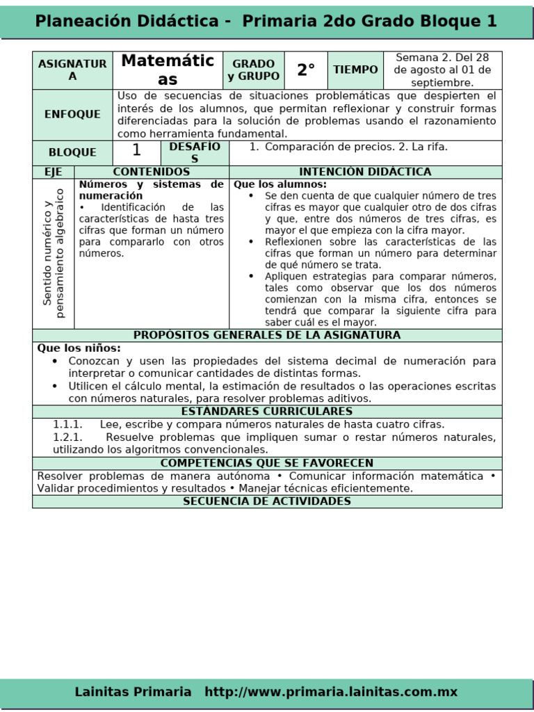 Planeación Didáctica Matemáticas 2° Grado | PDF | Sustracción | Plan de ...