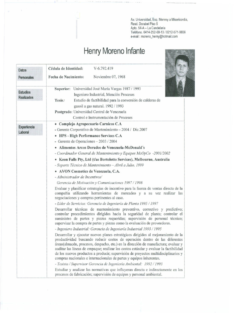 Experiencia Profesional de Henry Moreno | PDF | Ingeniería | Ingeniería ...