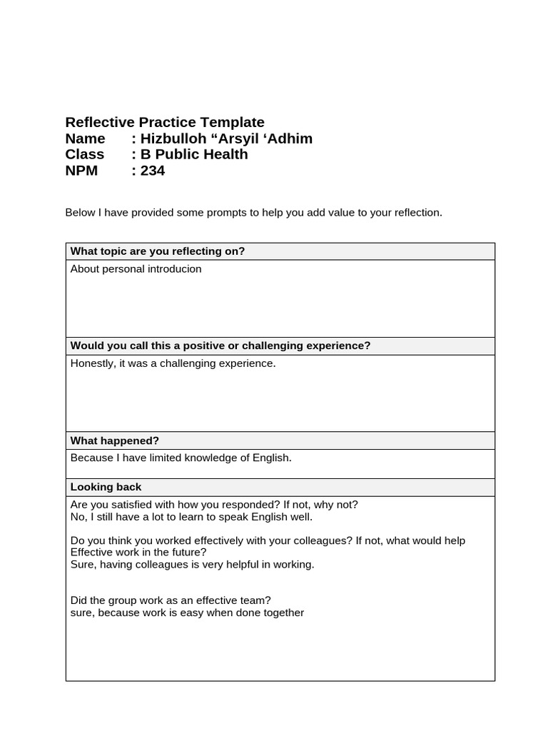 Reflective Practice Template FIK | PDF
