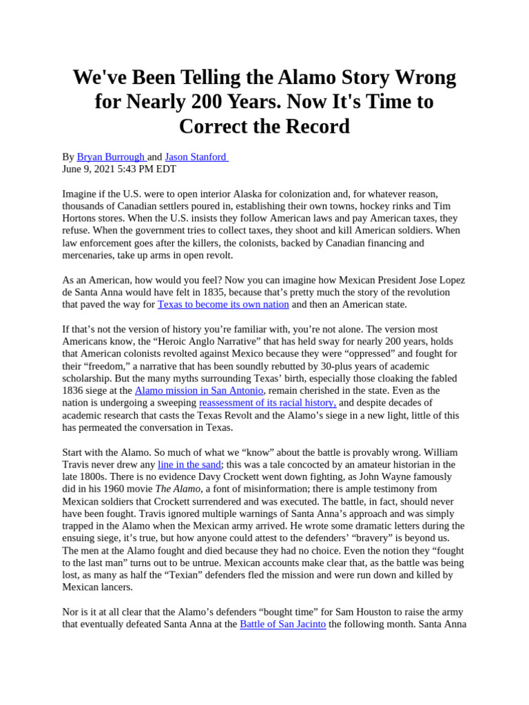 Alamo - True History | PDF | Battle Of The Alamo | Texas Revolution