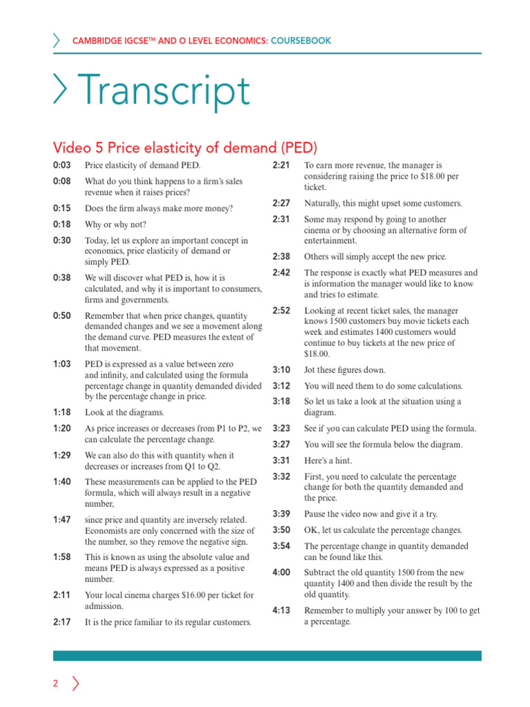 Igcse Economics TR Video 5 Transcript | PDF | Price Elasticity Of Demand | Demand