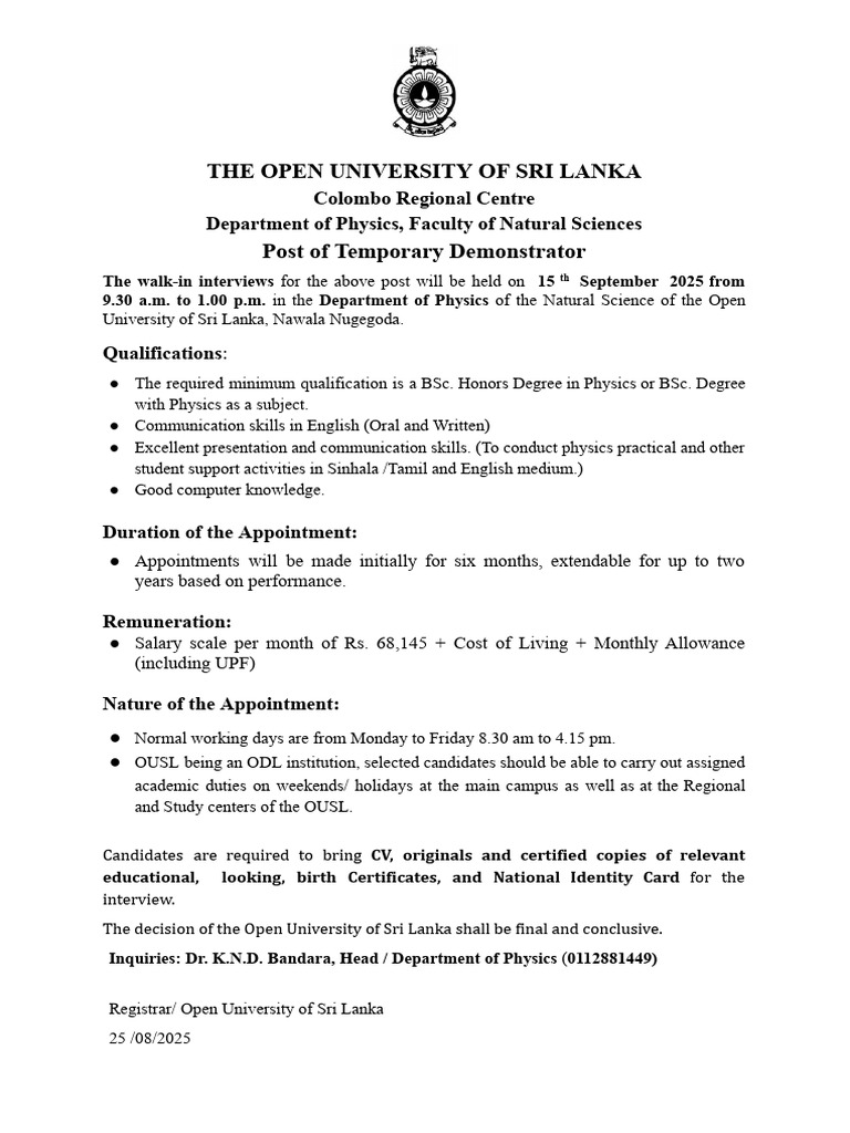 Temporary Demonstrator Interview at OUSL | PDF