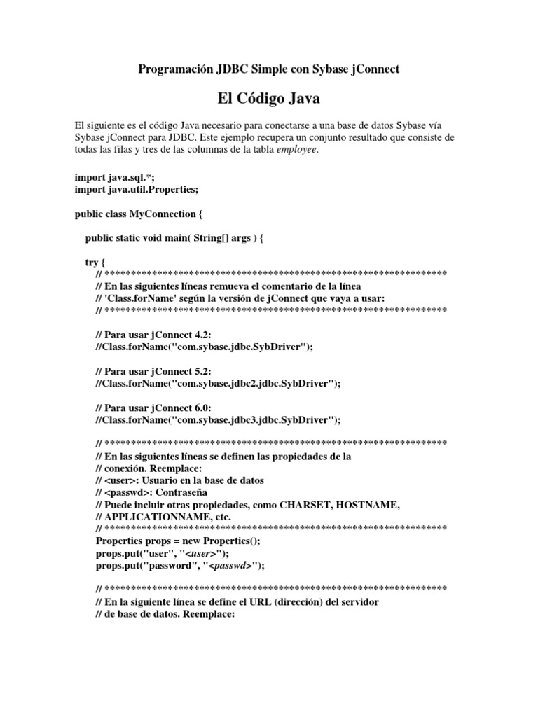 Programación JDBC Simple Con Sybase Jconnect | PDF | Java (lenguaje de programación ...