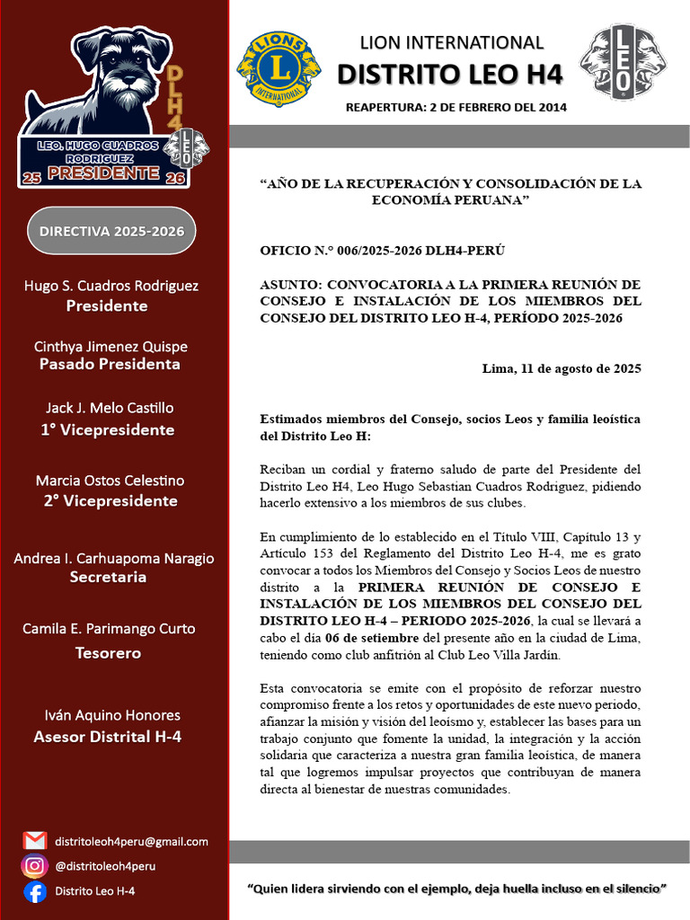 Convocatoria Reunión Consejo Leo H-4 2025 | PDF