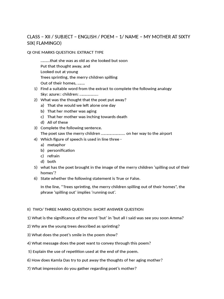 English Class XII Poem and Prose Questions | PDF | Poetry
