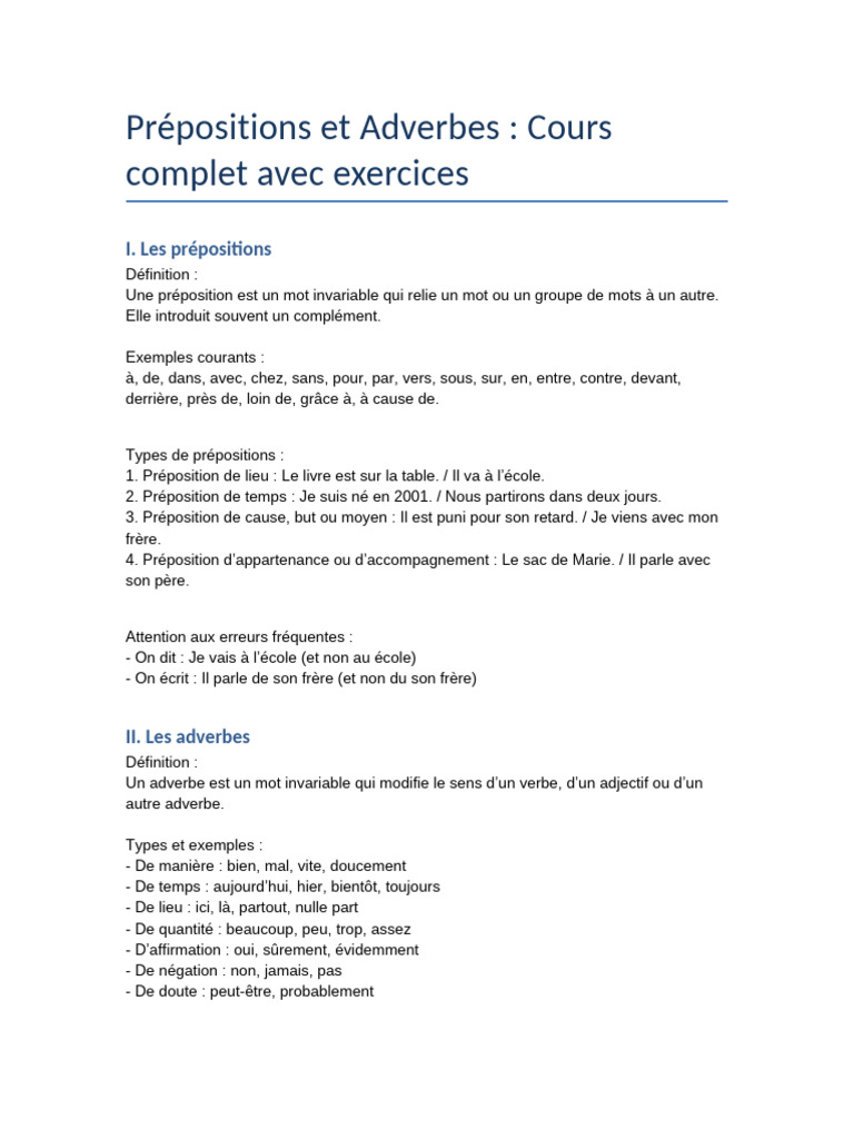 Prépositions et Adverbes : Cours et Exercices | PDF