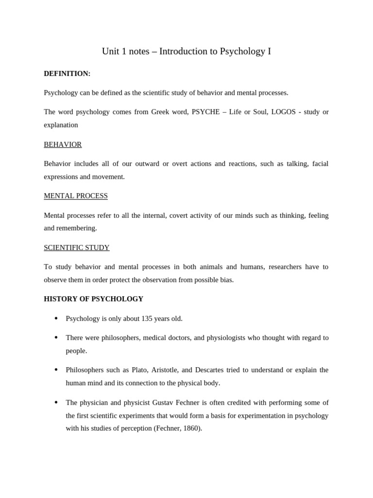 Unit 1 Notes - Introduction To Psychology | PDF | Psychology ...