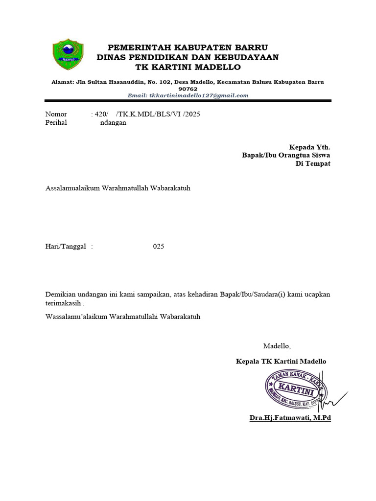 Undangan Pertemuan Orangtua TK Madello | PDF