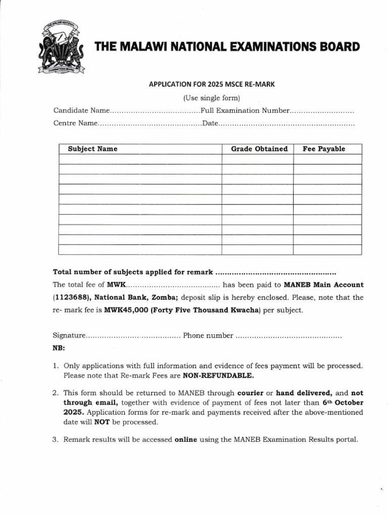 2025 Msce Results Remark Form | PDF