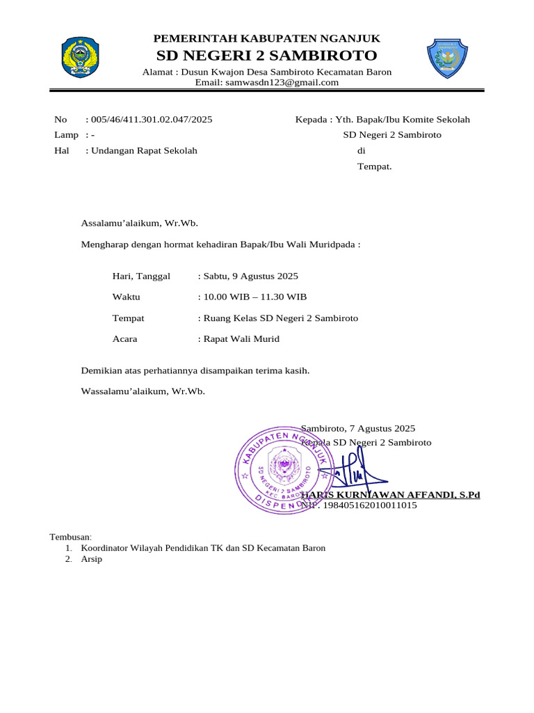 Undangan Rapat Wali Murid 9 Agt 2025 | PDF