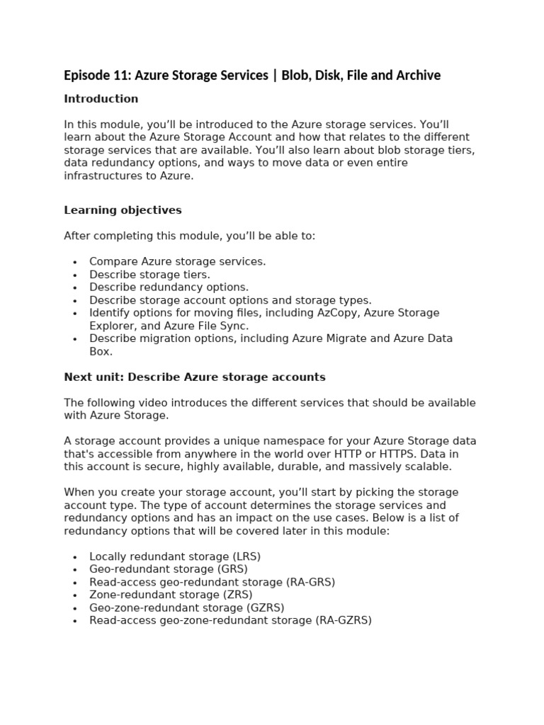 Overview of Azure Storage Services | PDF | Microsoft Azure | Computer ...