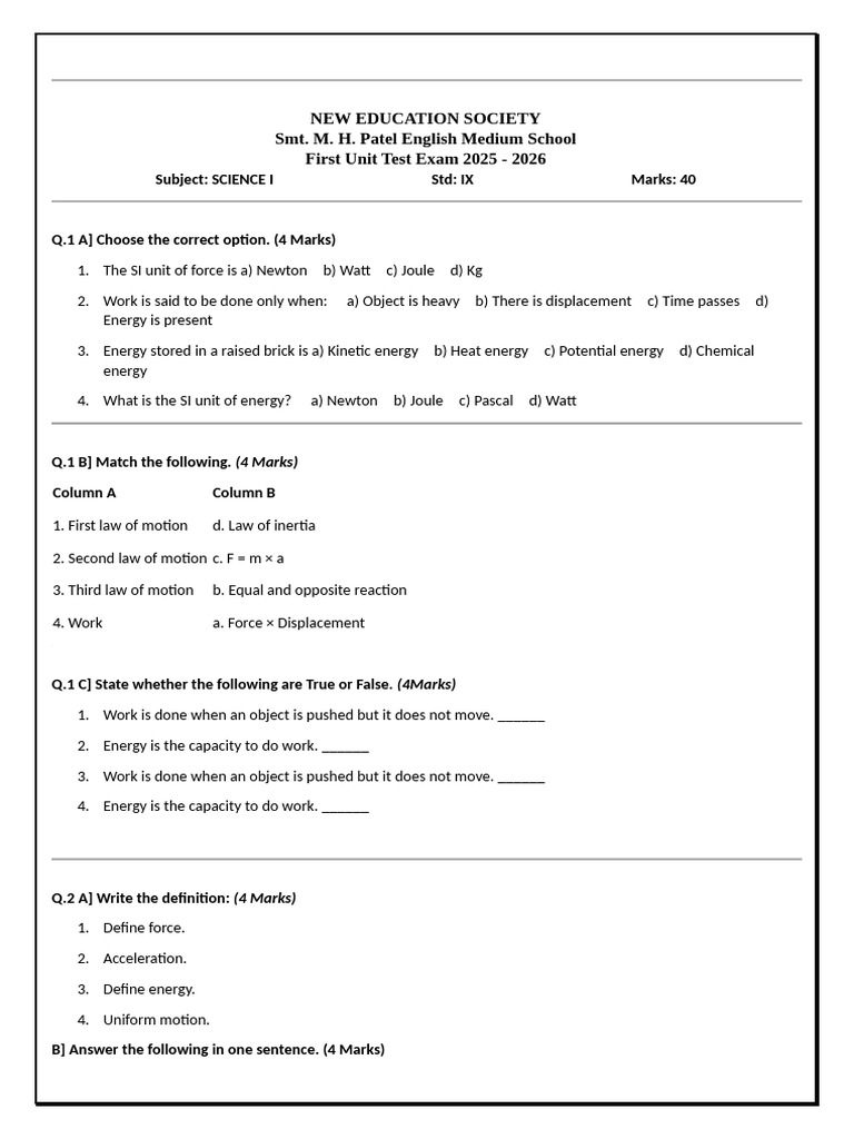 9th Science1 Unit Test 2025 2026 | PDF | Force | Newton's Laws Of Motion