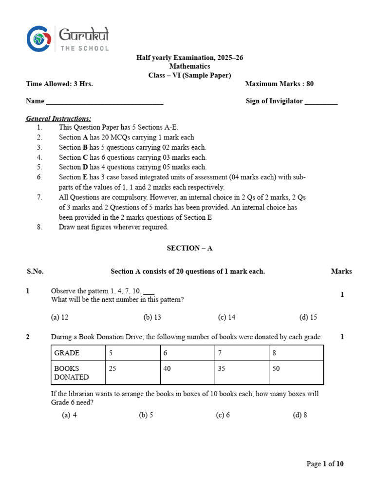 Vi Maths Hy Sample Paper 2025-26 | PDF | Numbers | Prime Number
